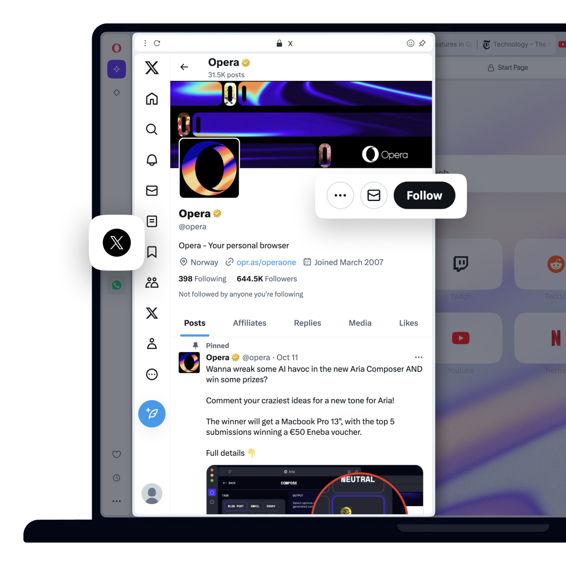 Integrated Social Media | Twitter, Instagram, TikTok | Opera Browser