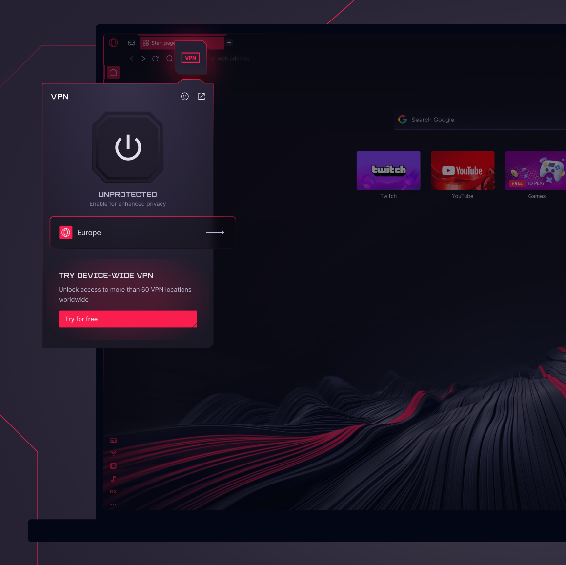 VPN grátis no GX | VPN ilimitada e segura no browser | Opera GX
