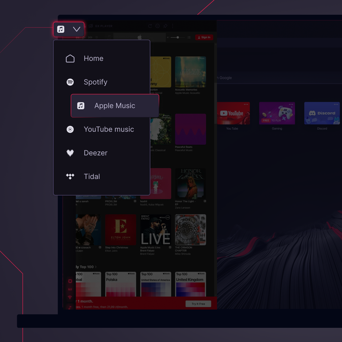 Music Player in GX | Music and podcasts in your browser | Opera GX