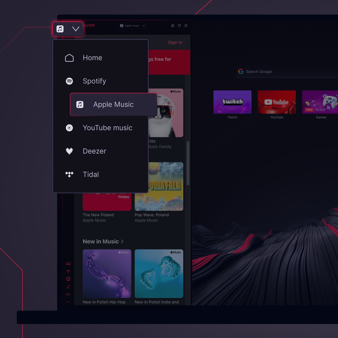 Music Player in GX | Music and podcasts in your browser | Opera GX