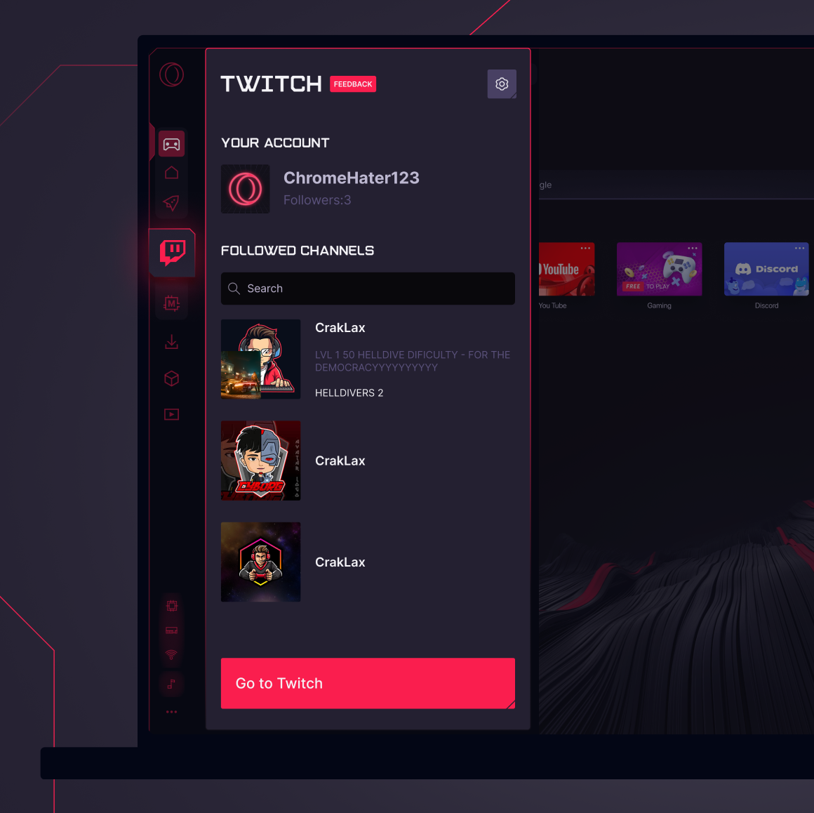 Twitch в GX | Twitch интегрирован в ваш браузер | Opera GX