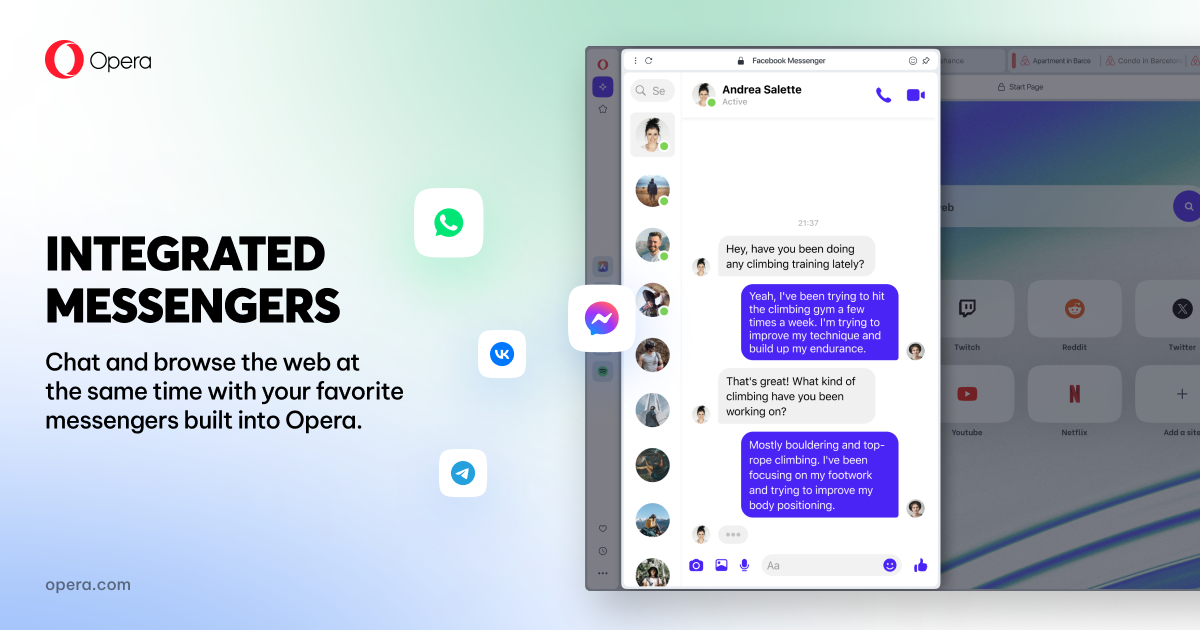 Integrerte budbringere | WhatsApp, Facebook Messenger, VKontakte | Opera Browser