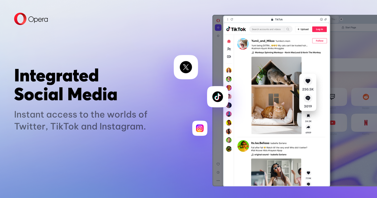 Integrated Social Media | Twitter, Instagram, TikTok | Opera Browser