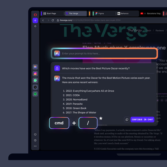Aria browser AI | IA gratuita com acesso à Web em tempo real | Opera